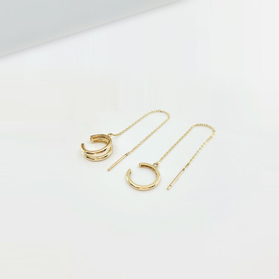 14K Solid Gold Chain Threader Ear Cuff Earrings, Golden Cartilage Conch ...