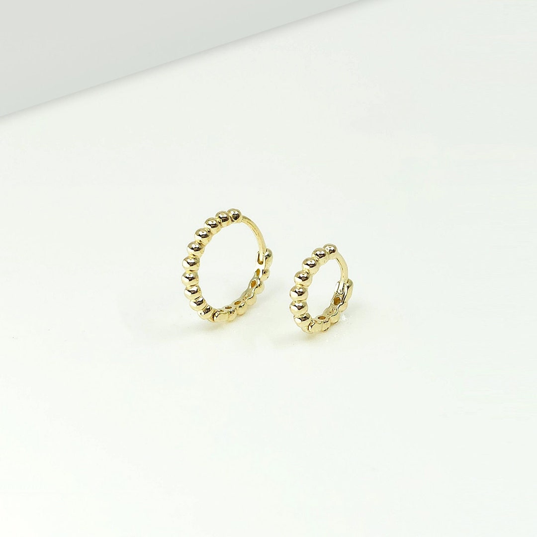 14K Solid Gold Beaded Huggie Hoop Earring, Cartilage Hoops, Dainty Hoop Earring, Conch Hoop ...