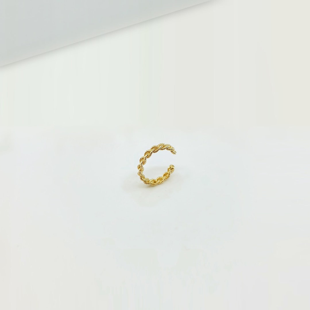 14K Solid Gold Twisted Bread Shape Ear Cuff, No Piercing, Cartilage ...