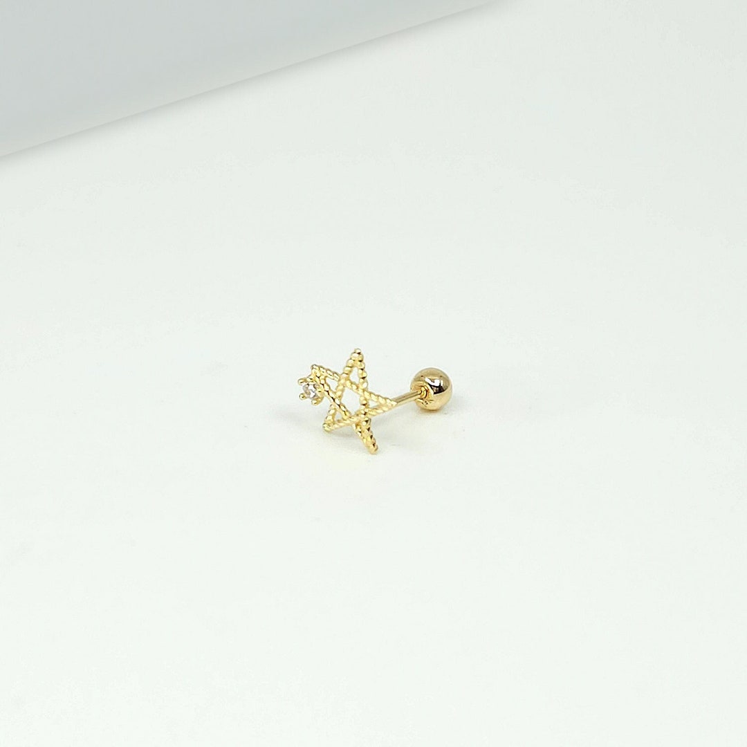 14K Solid Gold Star Stud Earring, Piercing Earring, Screw Back Single ...