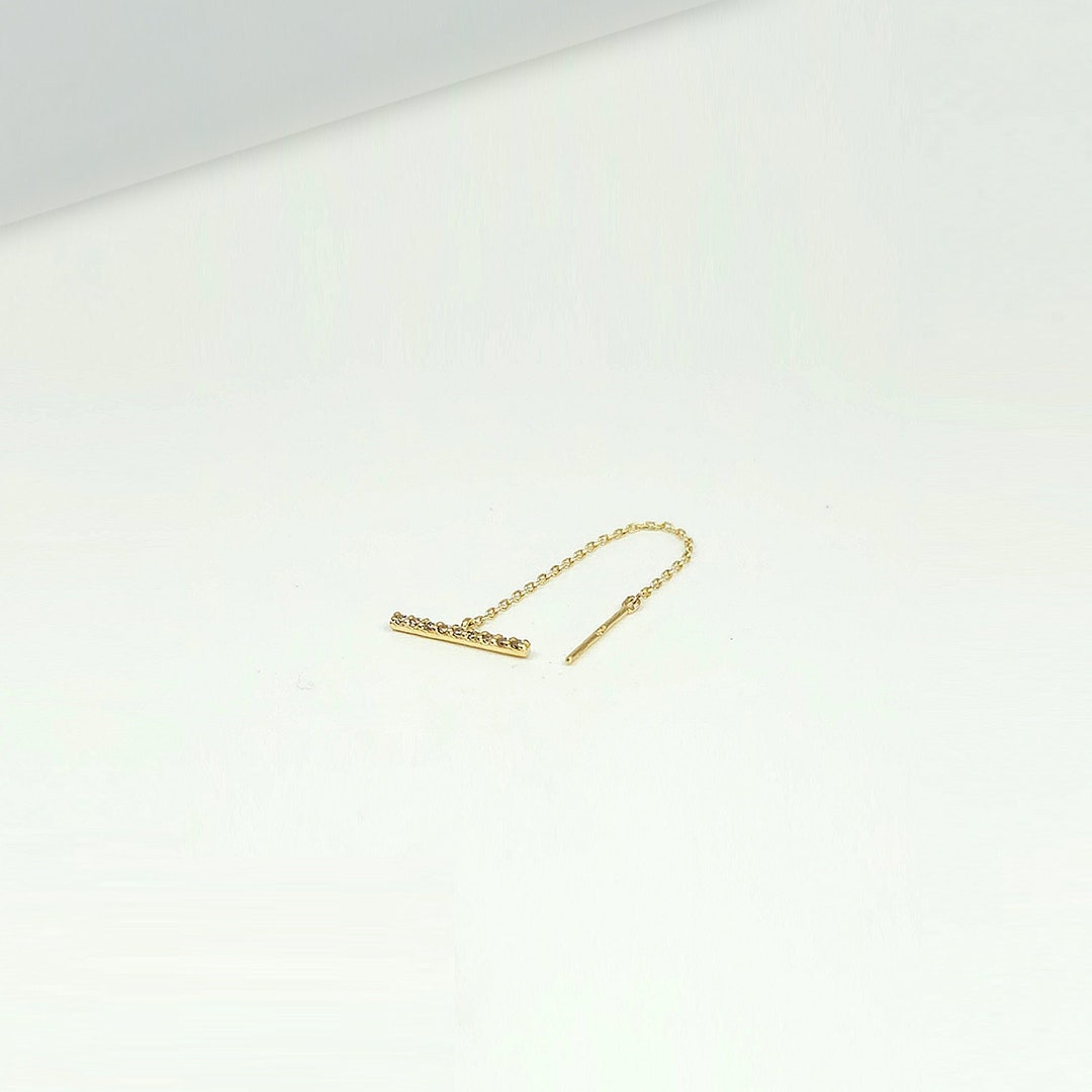 14k Solid Gold CZ Bar Threader Drop Earring, 14K Ear Threads, Dainty ...