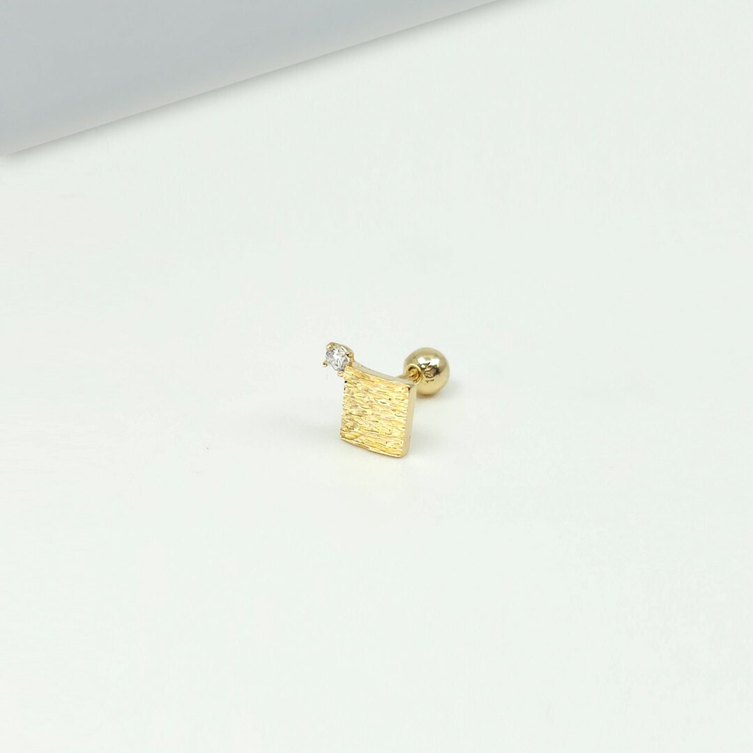 14K Solid Gold Texture Square CZ Stud Earring, Piercing Earring, Mini ...