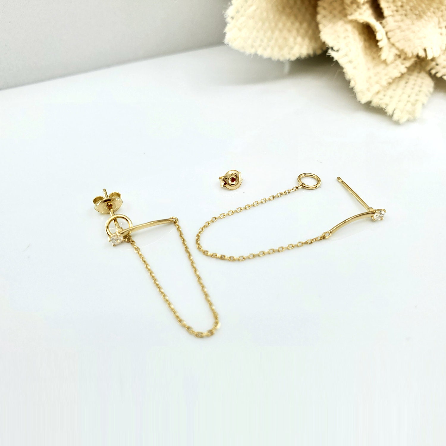 14k Solid Gold CZ Threader Drop Earring, Butterfly Earring Back, Dainty ...