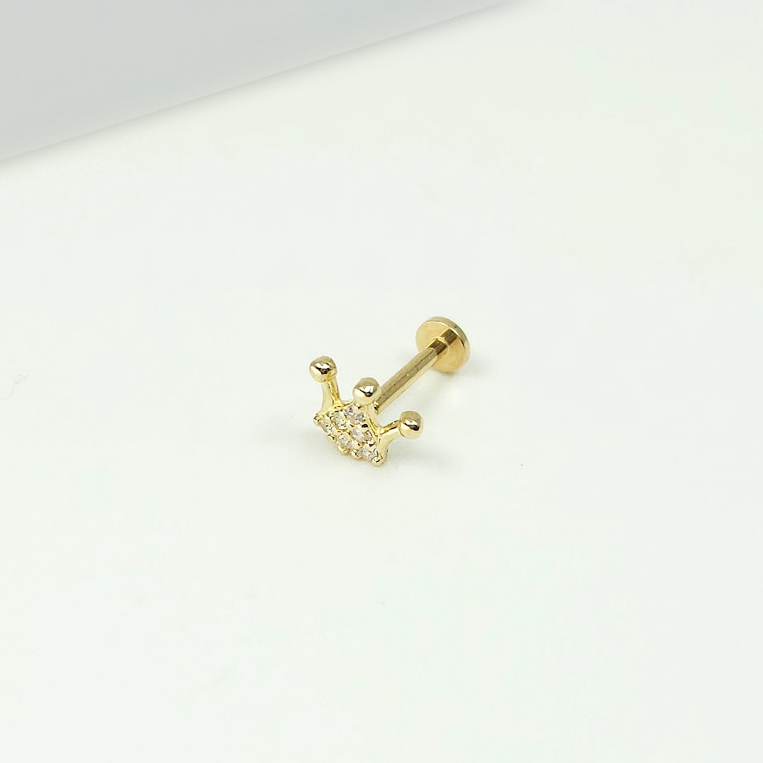 14K Solid Gold Tiny Crown Internally Threaded Labret Stud Earring ...