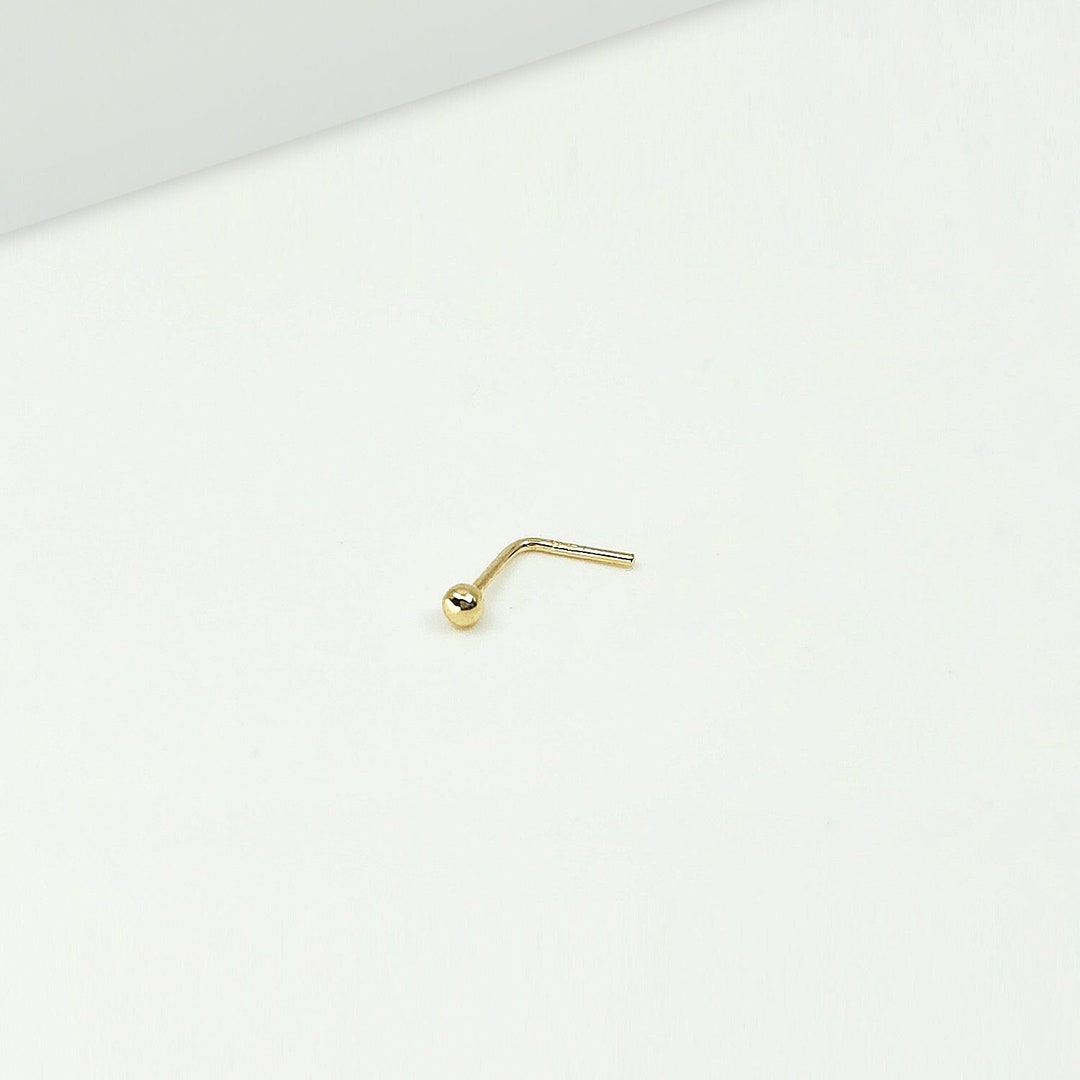 14k Solid Gold Nose Stud Tiny Ball Nose Stud L Shape Nose Ring, Tiny Nose Ring, Nose Piercing ...