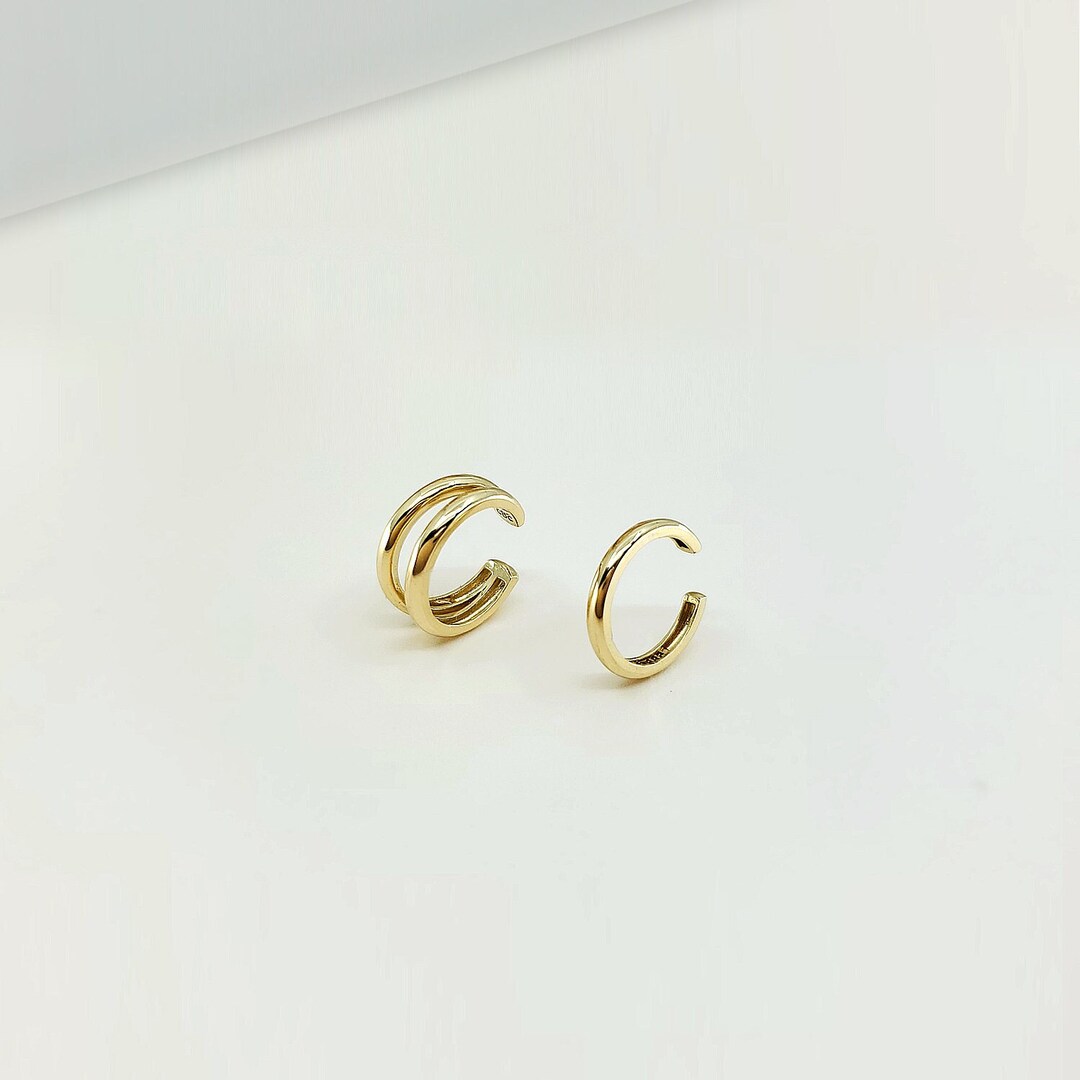 14K Solid Gold Ear Cuff No Piercing Simple Design Wrap Earrings, Golden ...