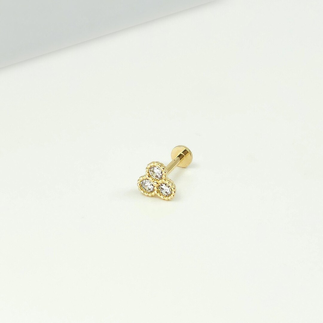 14K Solid Gold Trinity CZ Internally Threaded Labret Stud Earring, Tragus Stud Earring, Conch ...