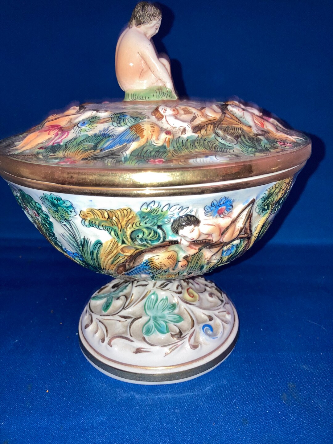 Rare Made in Italy R. Capodimonite Pedestal Cherub Bowl and Lid ...
