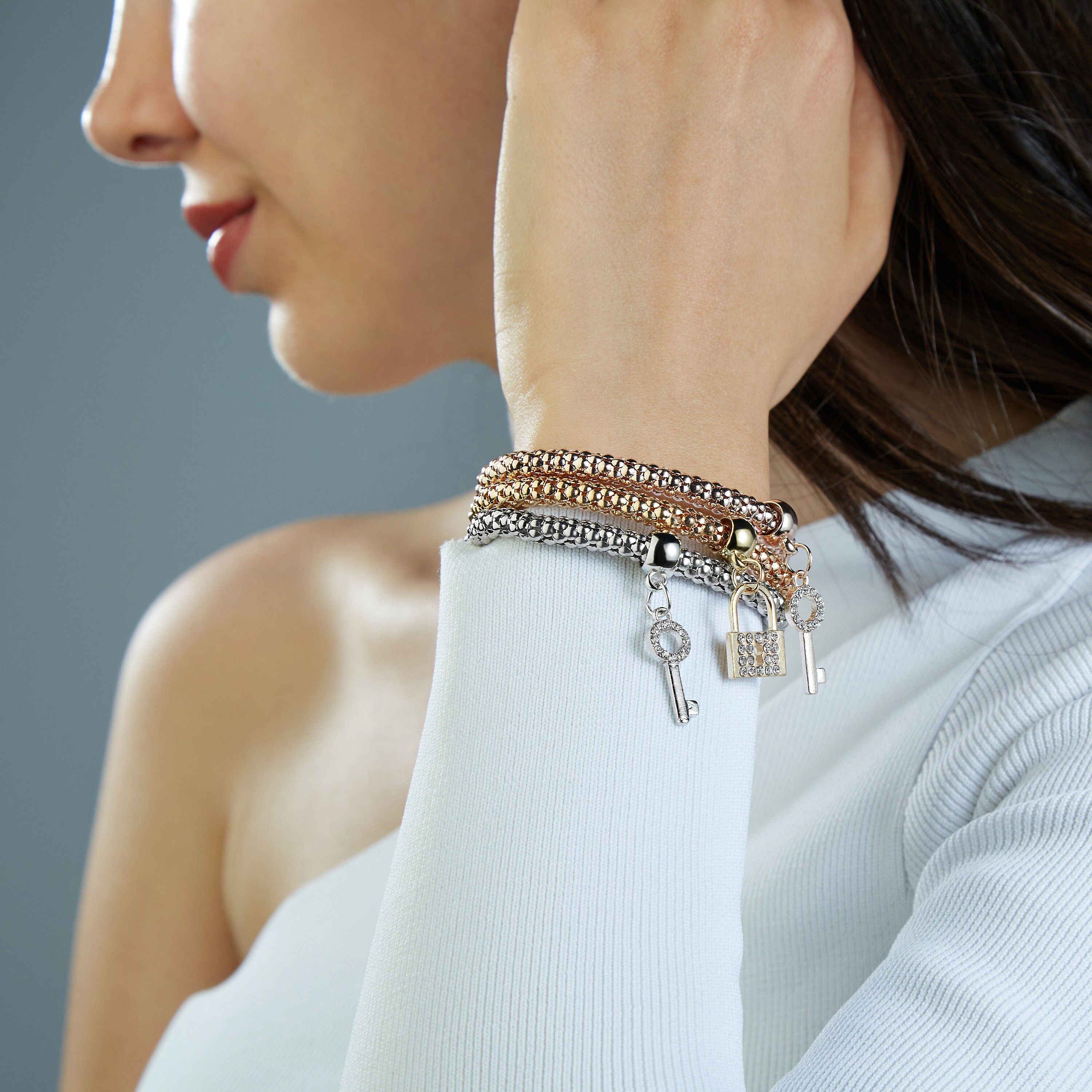 14K Stretch Bracelet Set of Three Pandora Key Lock Charm - Etsy