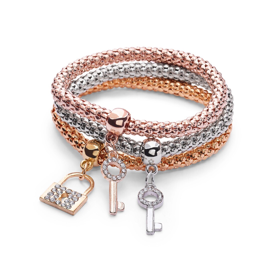 14K Stretch Bracelet Set of Three, Pandora Key Lock Charm Bracelet, Key ...