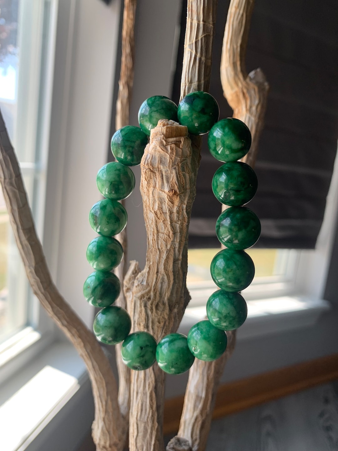 Natural Handmade Carved Ganqing（ Emerald ) Jade Bracelet, Beads Size 0 ...