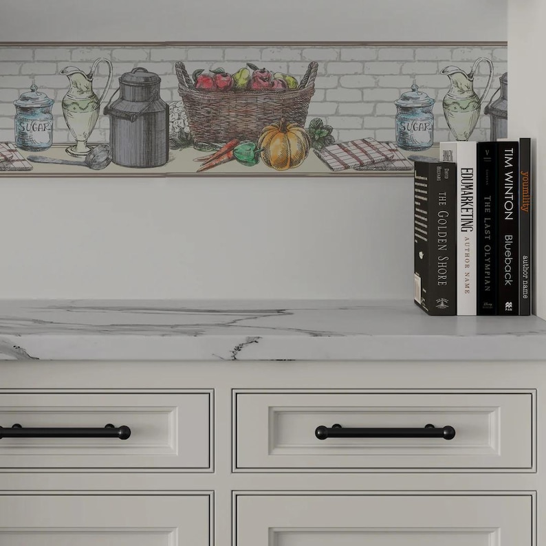 Peel & Stick Wallpaper Border Basket and Kitchenware. Self Adhesive ...
