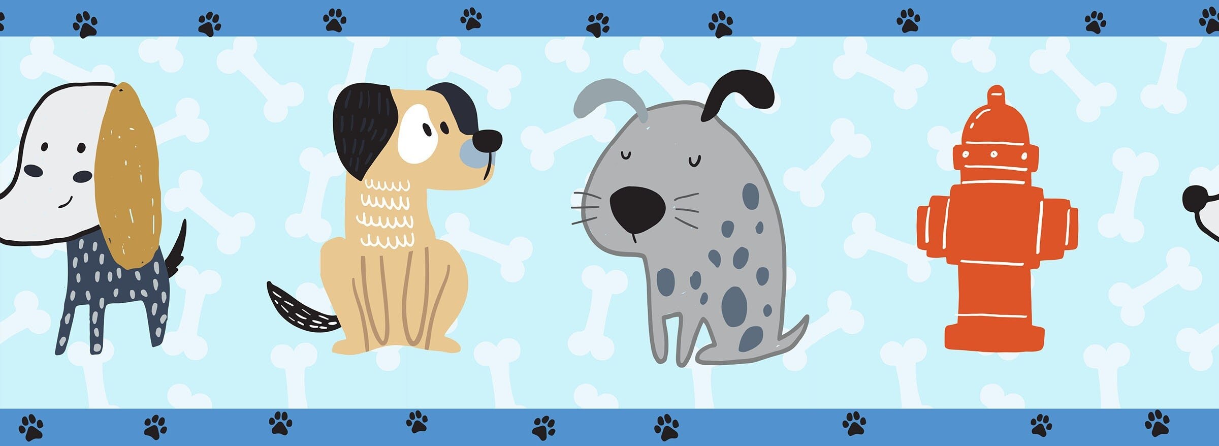 Peel & Stick Wallpaper Border Dogs Bones and Paws Cartoon. Self ...