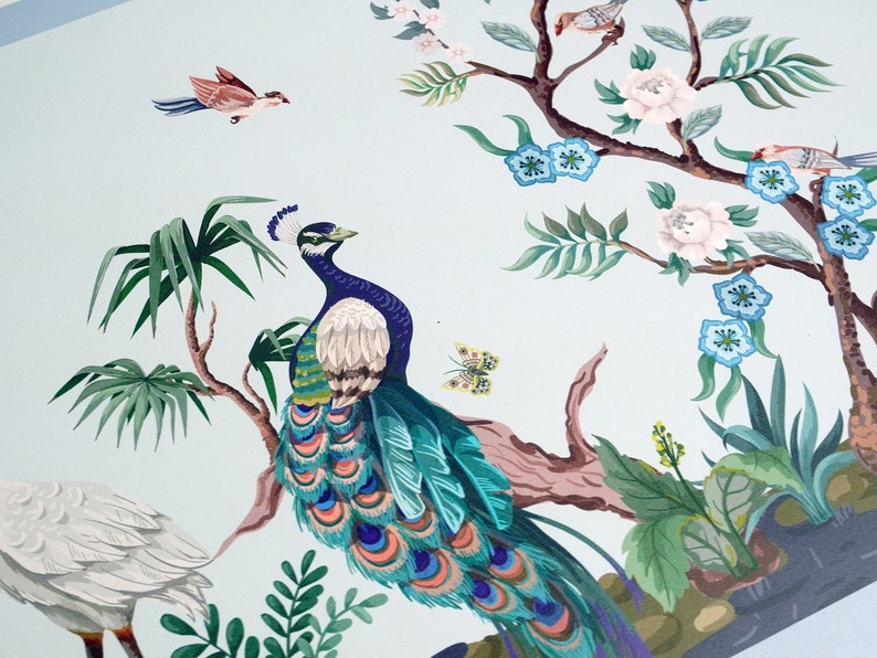 Peel & Stick Wallpaper Border Chinoiserie Herons Cranes Peacocks. Self ...