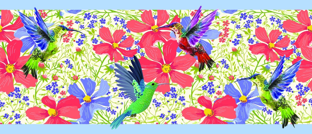 Peel & Stick Wallpaper Border Colorful Hummingbird Garden. Self ...