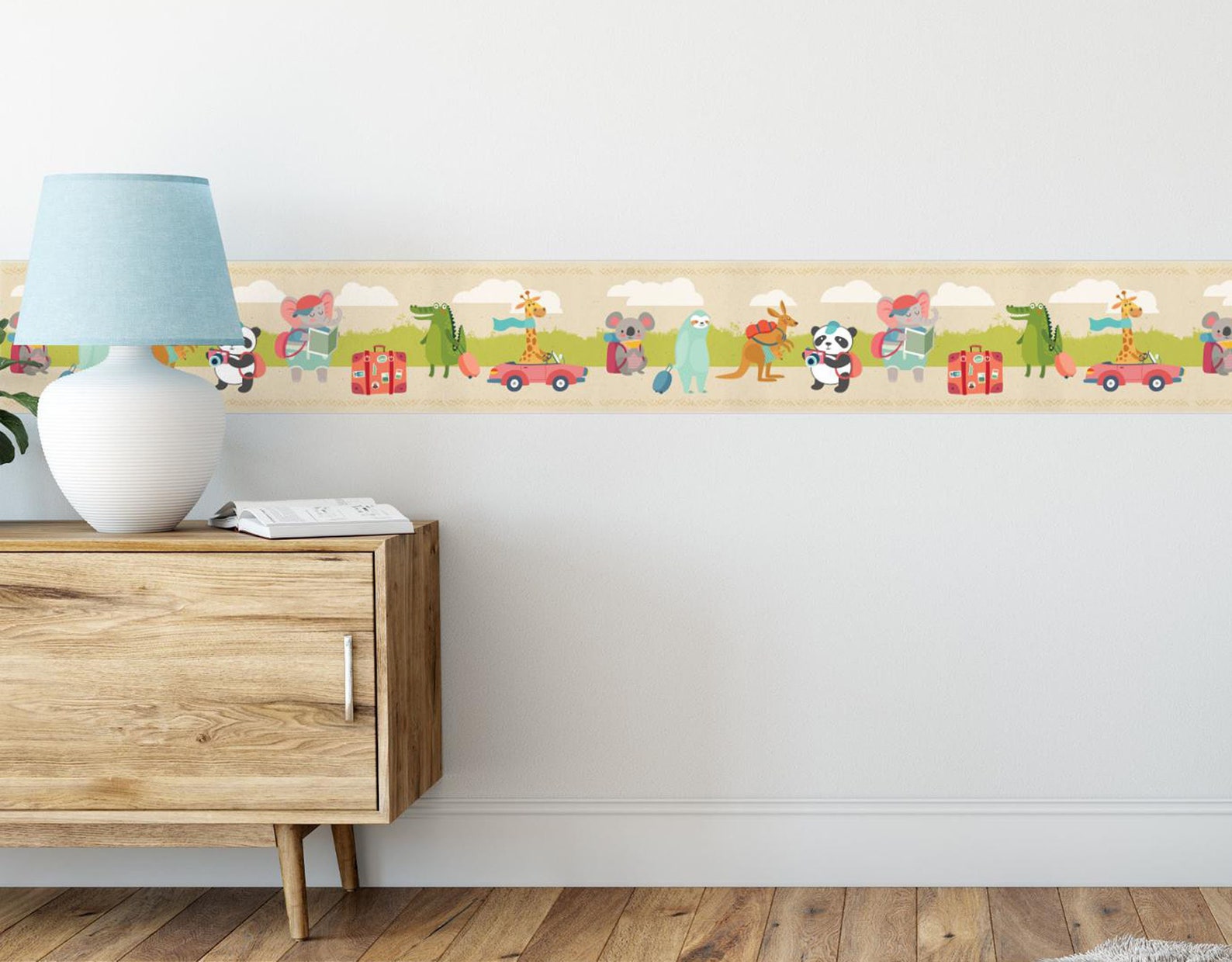 Peel & Stick Wallpaper Border Traveling Safari Animals Self Adhesive ...