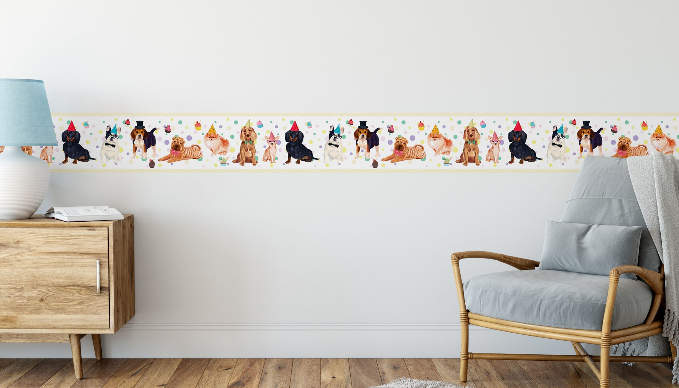 Peel & Stick Wallpaper Border Party Dogs Hats Theme. Self Adhesive Wall Accent Decal for Bedroom ...