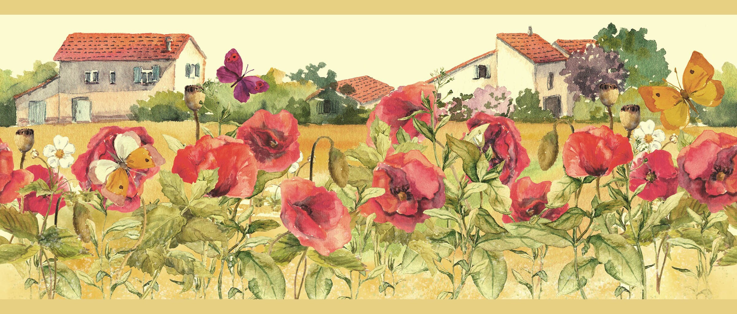 Peel And Stick Wallpaper Border Countryside Flower And Tree Self Adhesive Wall Accent Decal For