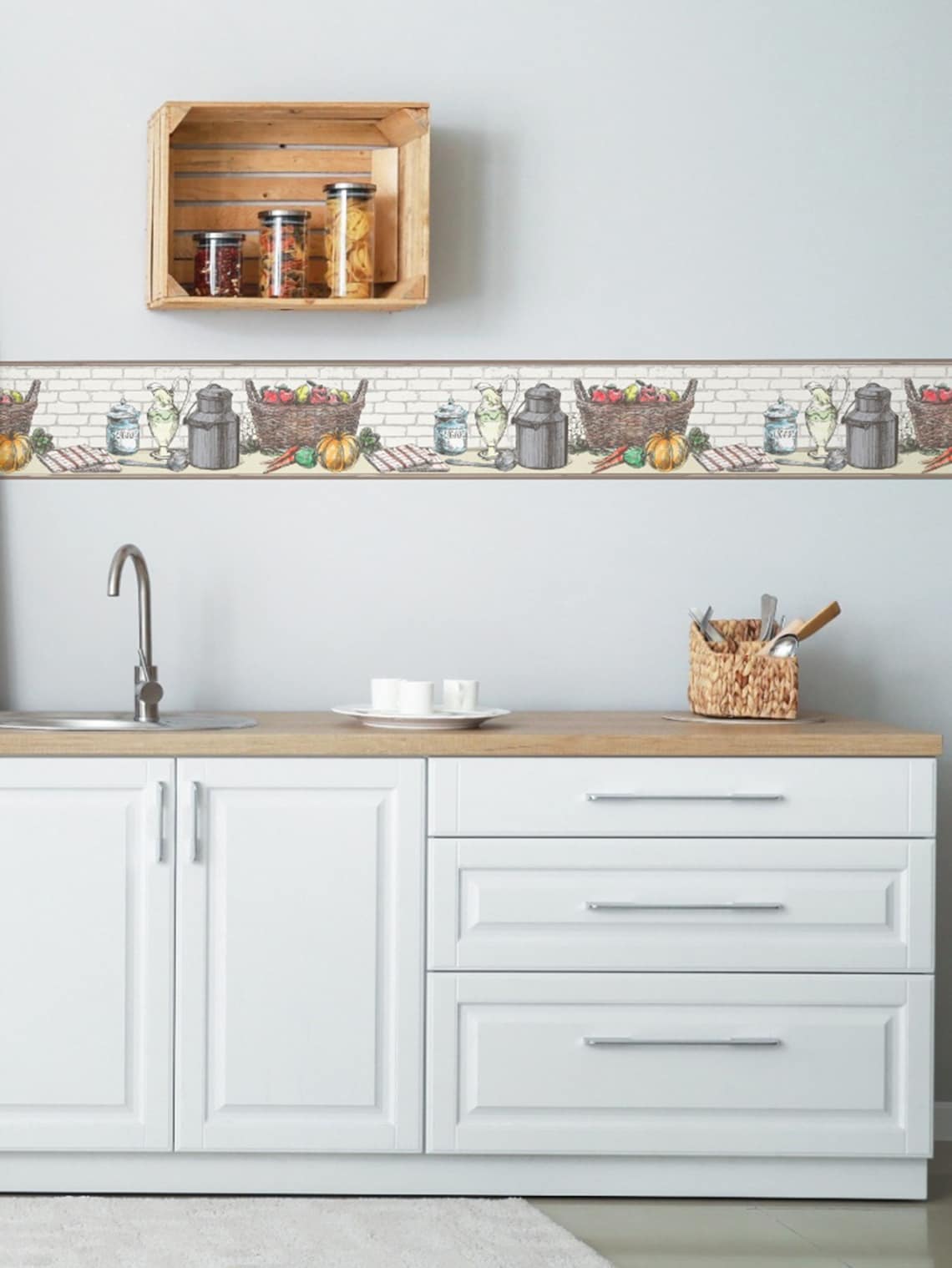 Peel & Stick Wallpaper Border Basket and Kitchenware. Self Adhesive ...