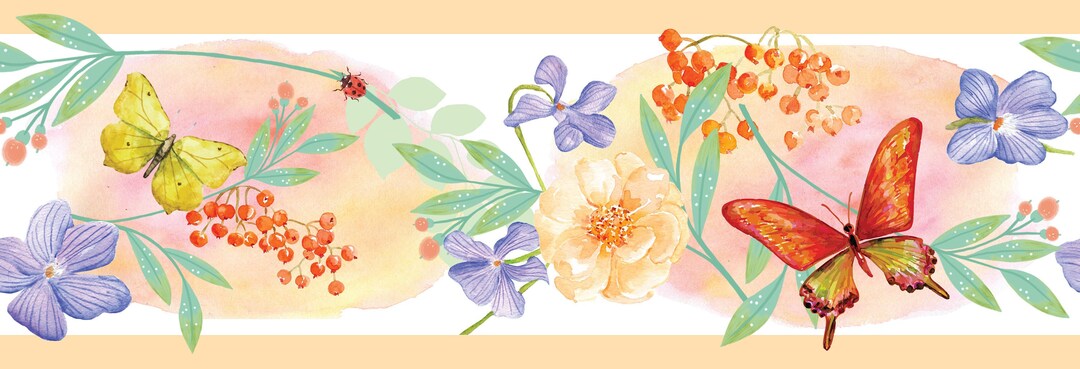 Peel & Stick Wallpaper Border Floral Butterfly Pastel. Self Adhesive ...