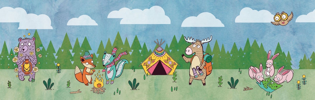 Peel & Stick Wallpaper Border Camping Animals Theme. Self Adhesive Wall Accent Decal for Bedroom ...