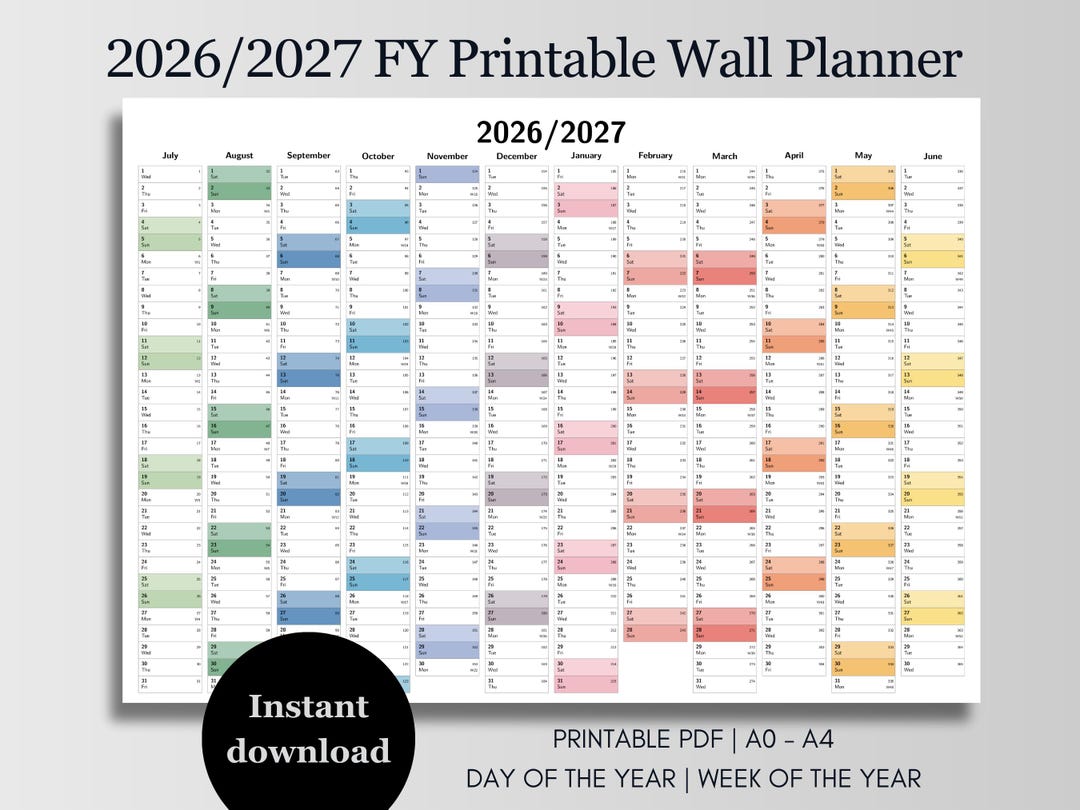 2026-2027 Financial Year Wall Planner: Rainbow Color Set (A0-A4 Digital ...