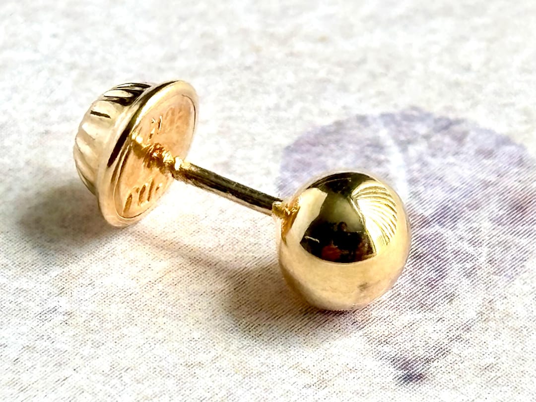 5 Mm - 18K Solid Gold Ball Earring | Minimalist Single Stud With Screw ...