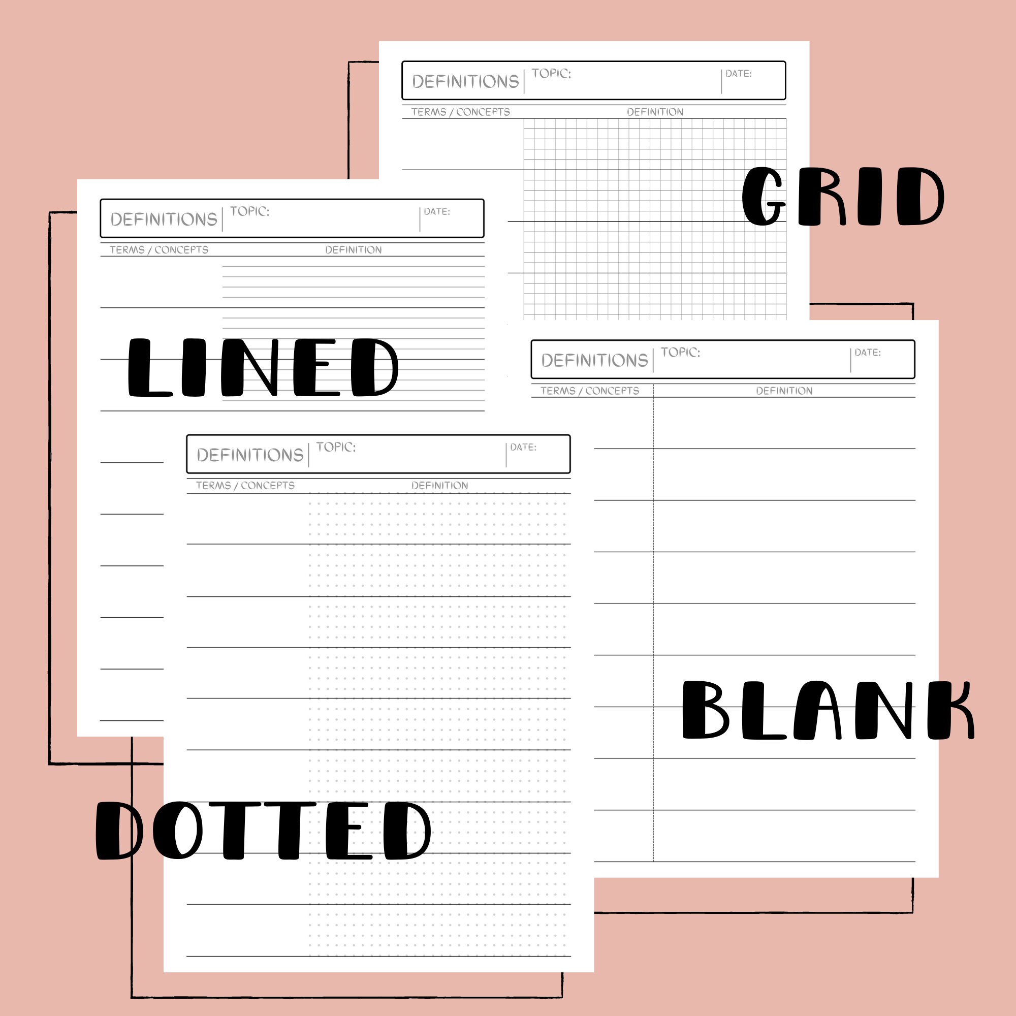 Study Definitions and Vocabulary Pages Letter and A4 Size Pdf Dotted ...