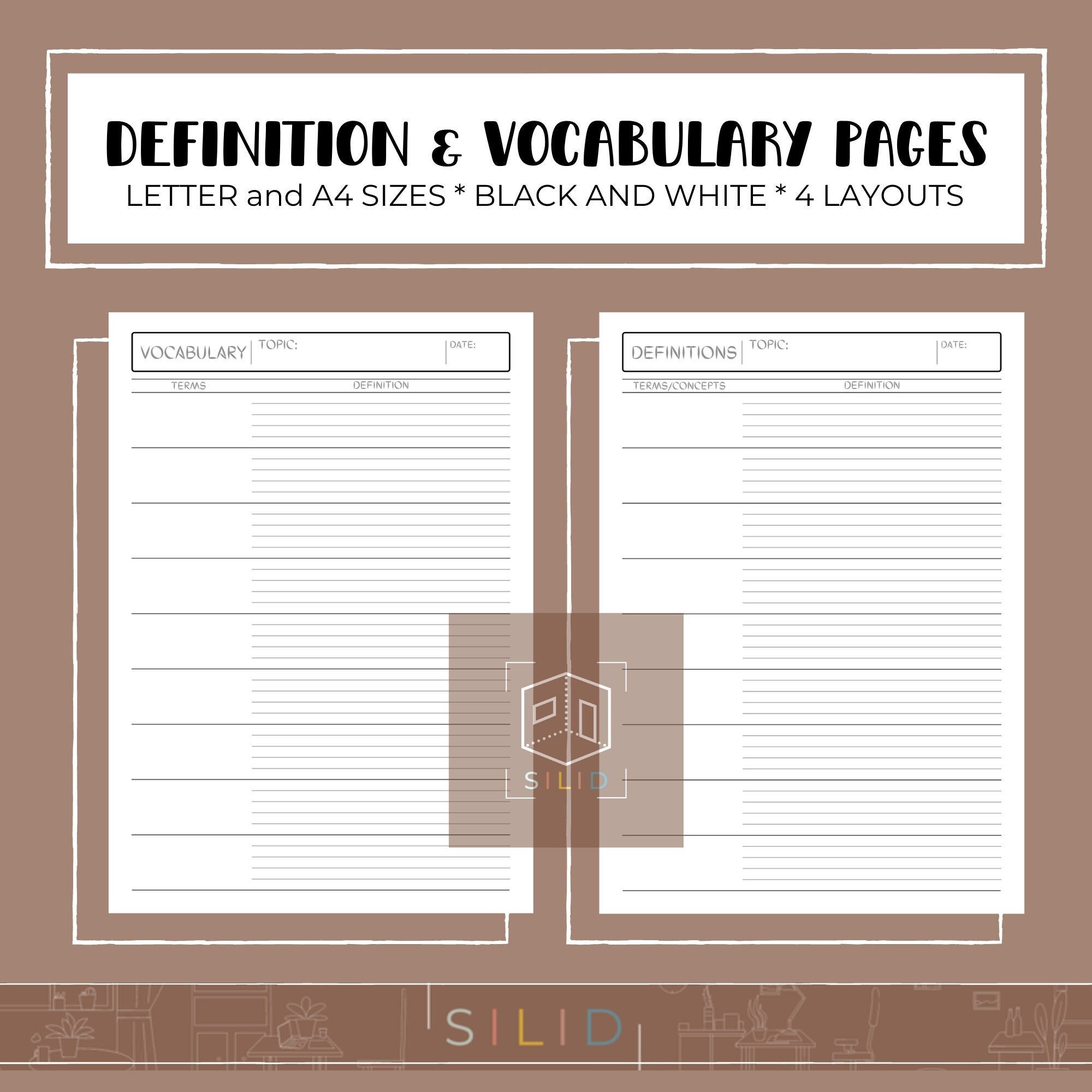 Study Definitions and Vocabulary Pages Letter and A4 Size Pdf Dotted ...