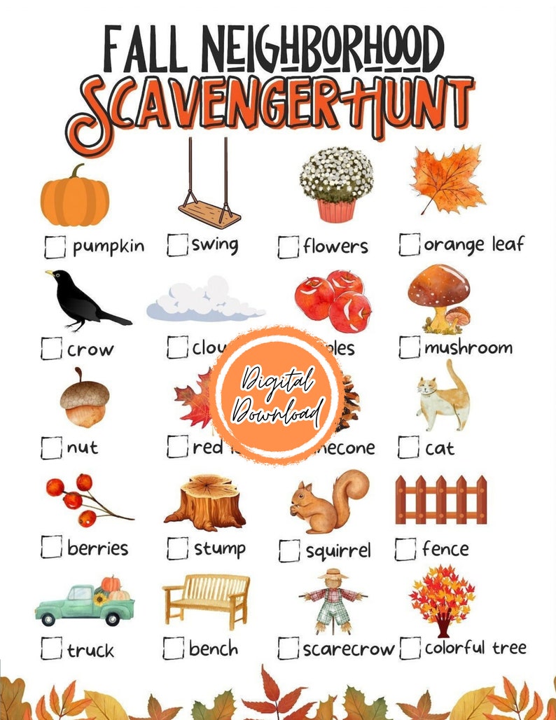 Fall Neighborhood Scavenger Hunt for Kids | Printable Autumn Treasure ...