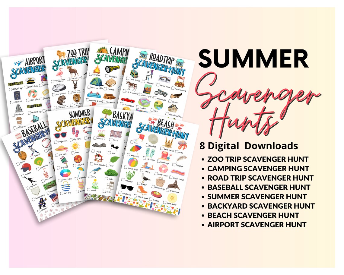 Summer Scavenger Hunt Pack of 8 Scavenger Hunt for Kids Outdoor ...