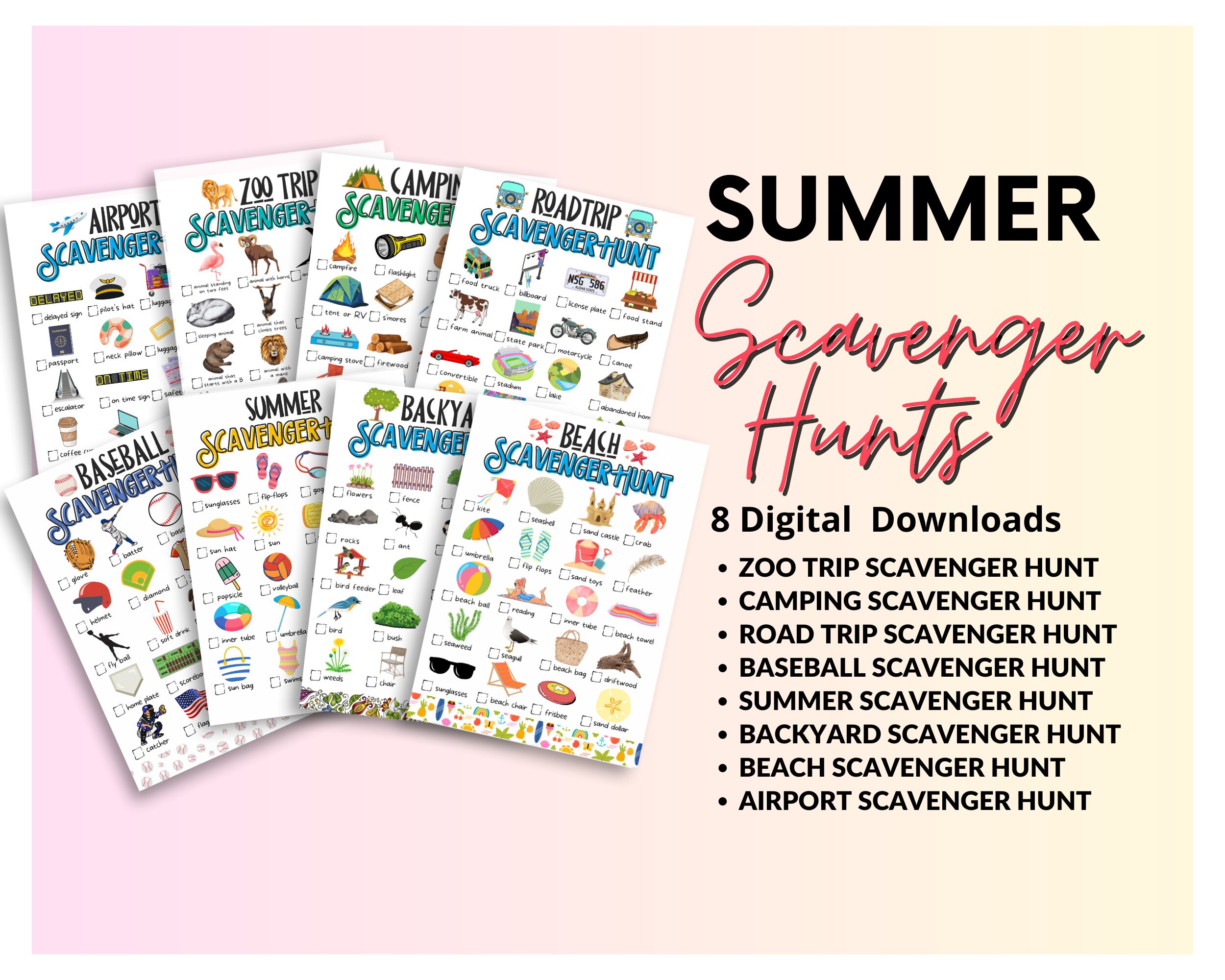 Summer Scavenger Hunt Pack of 8 | Scavenger Hunt for Kids | Outdoor ...
