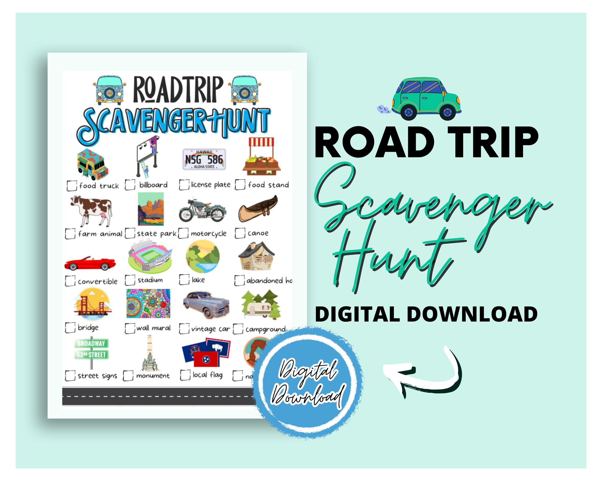 Road Trip Scavenger Hunt Printable | Travel Kids Activity | Car Ride ...