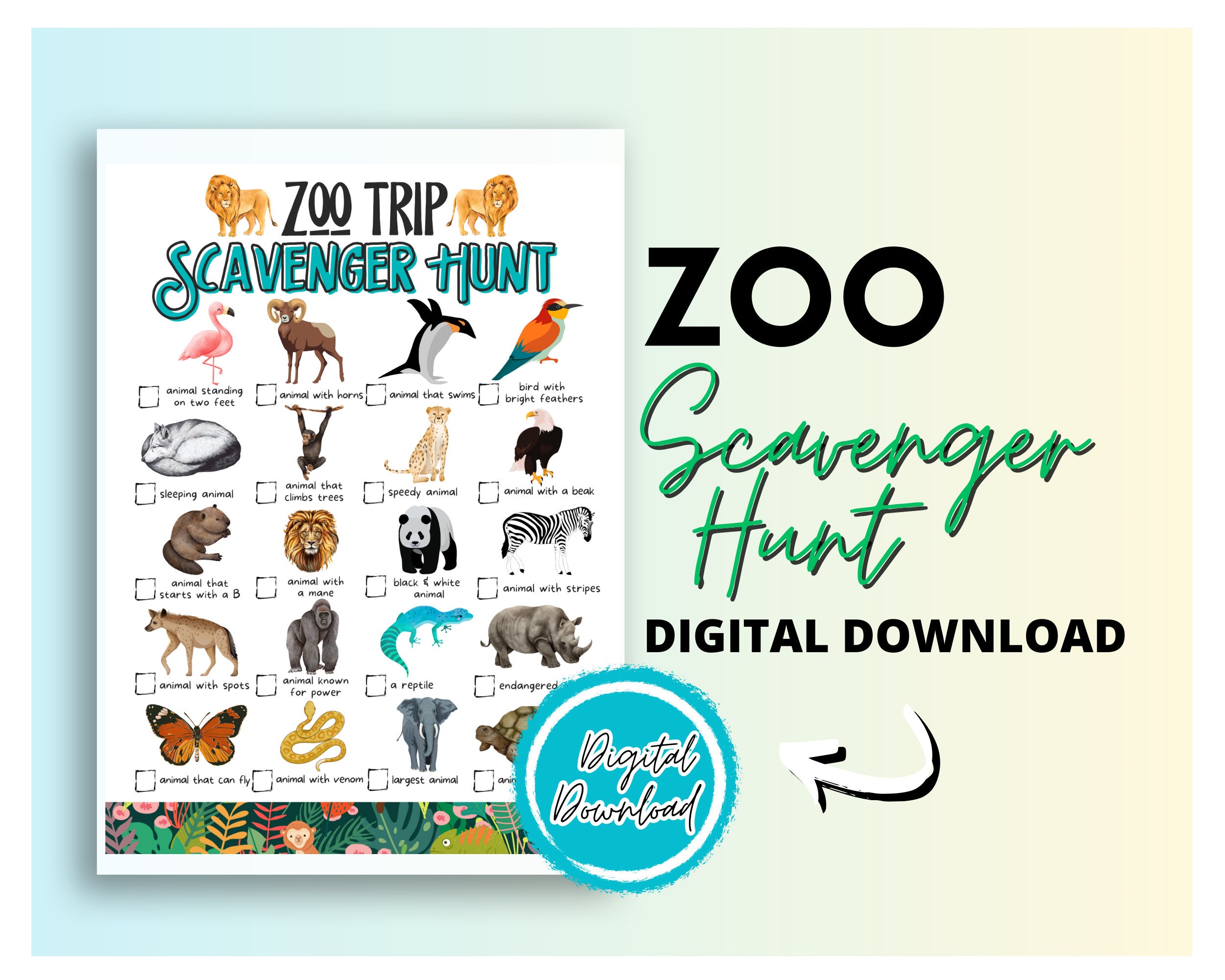 Zoo Scavenger Hunt Animal Scavenger Hunt Zoo Activity Outdoor Scavenger ...