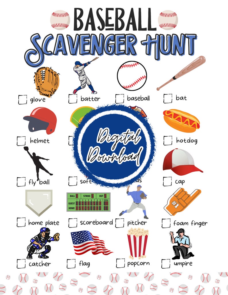 Baseball Scavenger Hunt | Baseball Treasure Hunt | Baseball Party Games ...