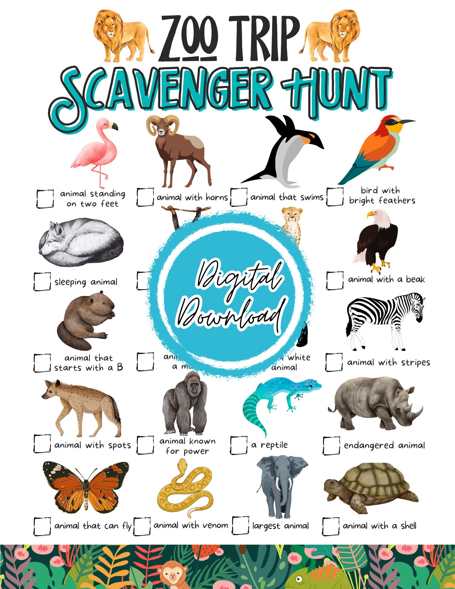 Zoo Scavenger Hunt Animal Scavenger Hunt Zoo Activity Outdoor Scavenger ...