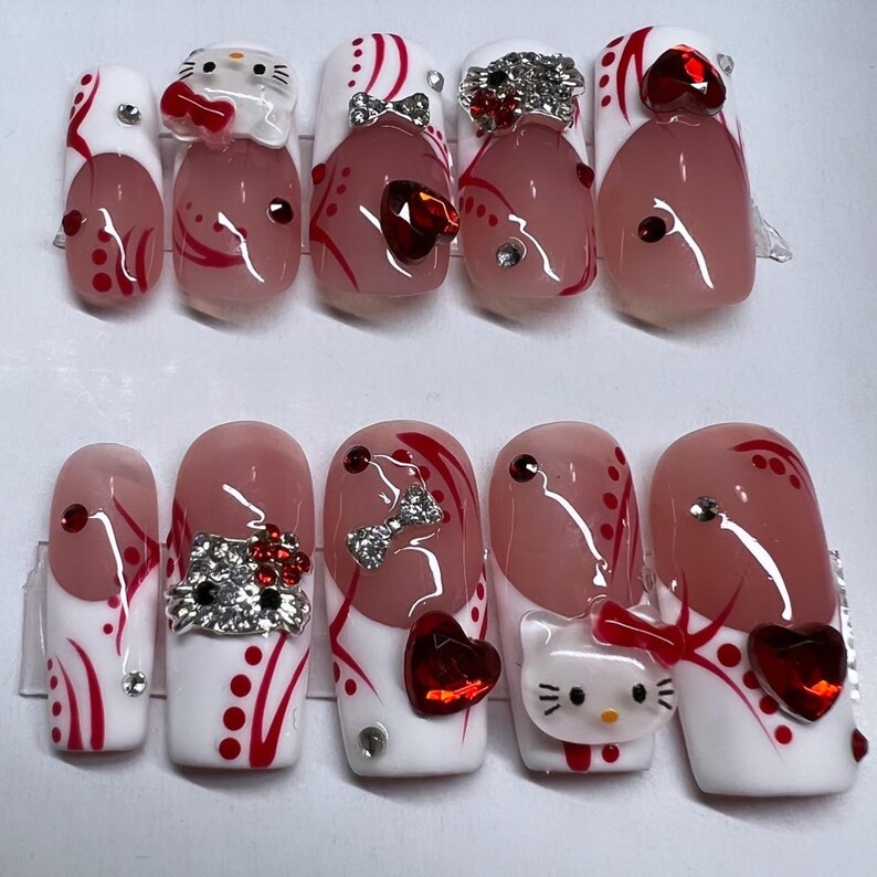Y2K Red Kitty French Tip Press on Nails - Etsy