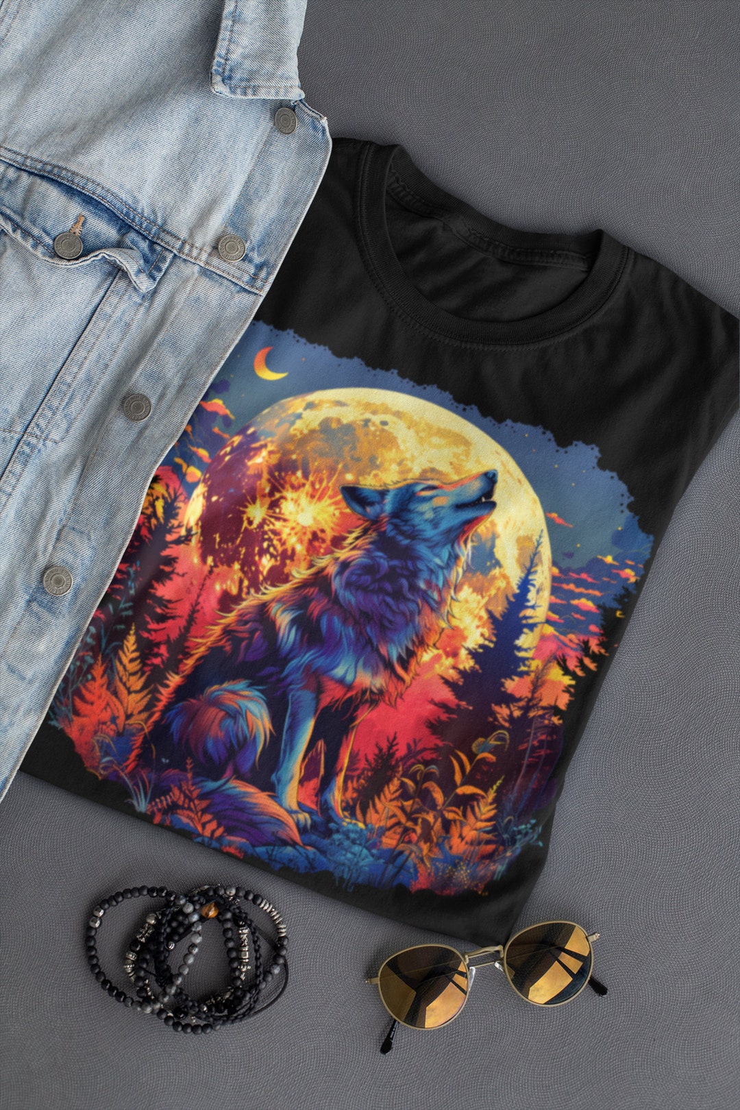 Mystical Wolf Howling at Moon | Sigma Wolf Shirt | Moon Retro Nature ...