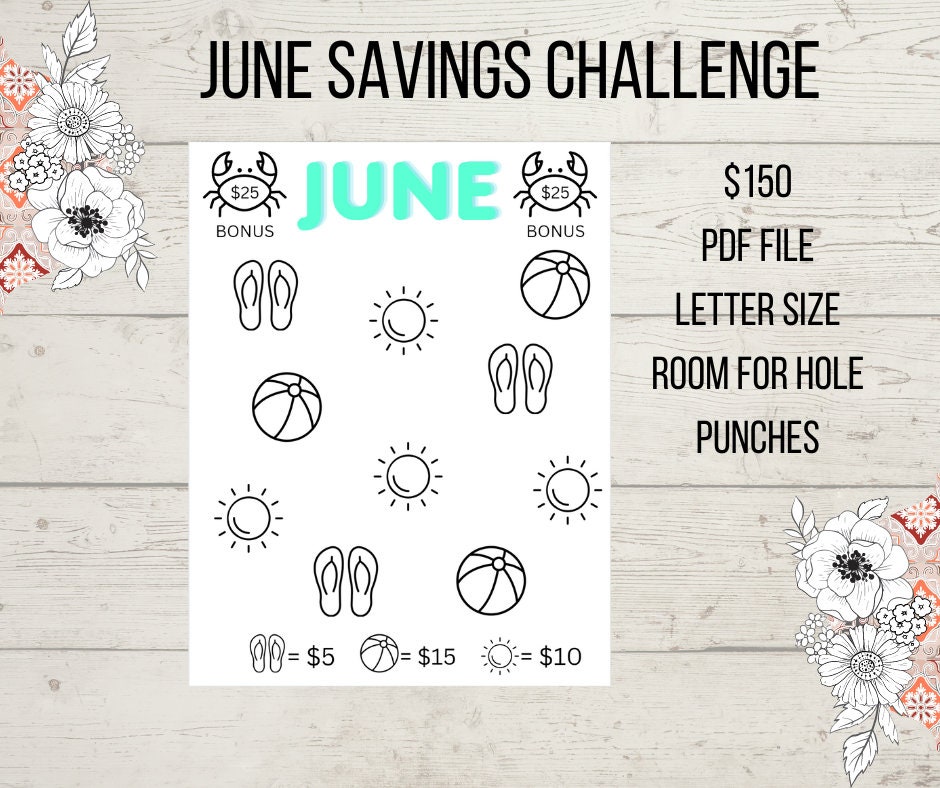 June Monthly Savings Challenge Printable - PDF File - Letter Size ...