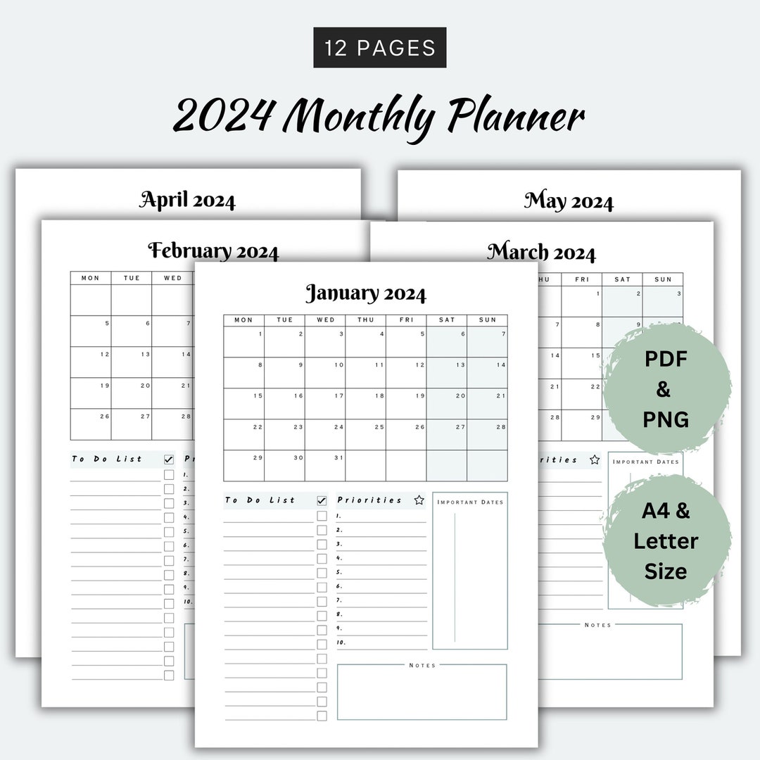 Printable 2024 Monthly Planner 2024 Calendar 2024 Dated Monthly Planner ...