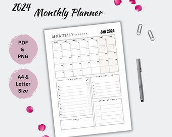 Digital 2024 Monthly Planner Printable instant Download Calendar - Etsy