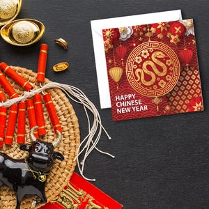 Happy New Year Card (145 X 150 Mm) Chinese New Year With Envelope Lunar ...