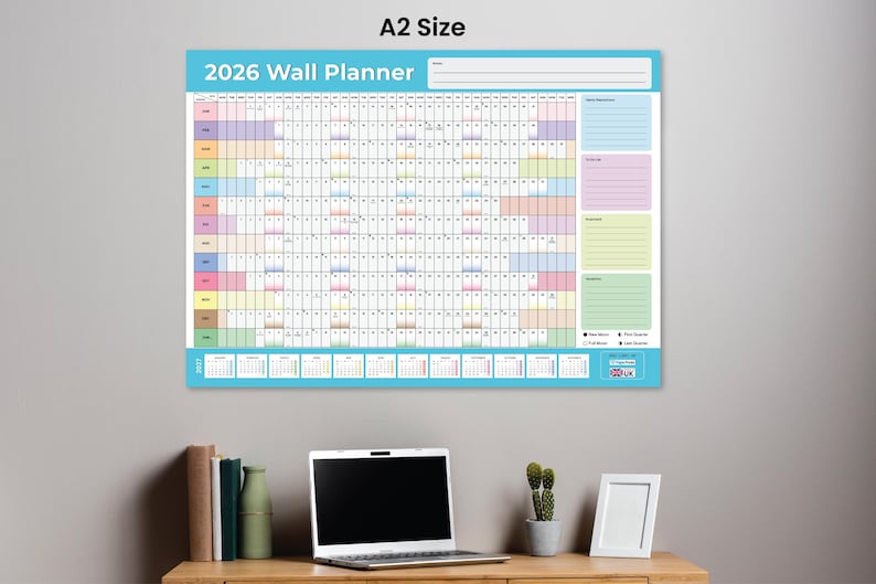 Papa Prints Wall Planner 2026 Full Year View A2 Wall Planner UK for Day ...