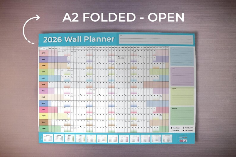 Papa Prints Wall Planner 2026 Full Year View A2 Wall Planner UK for Day ...