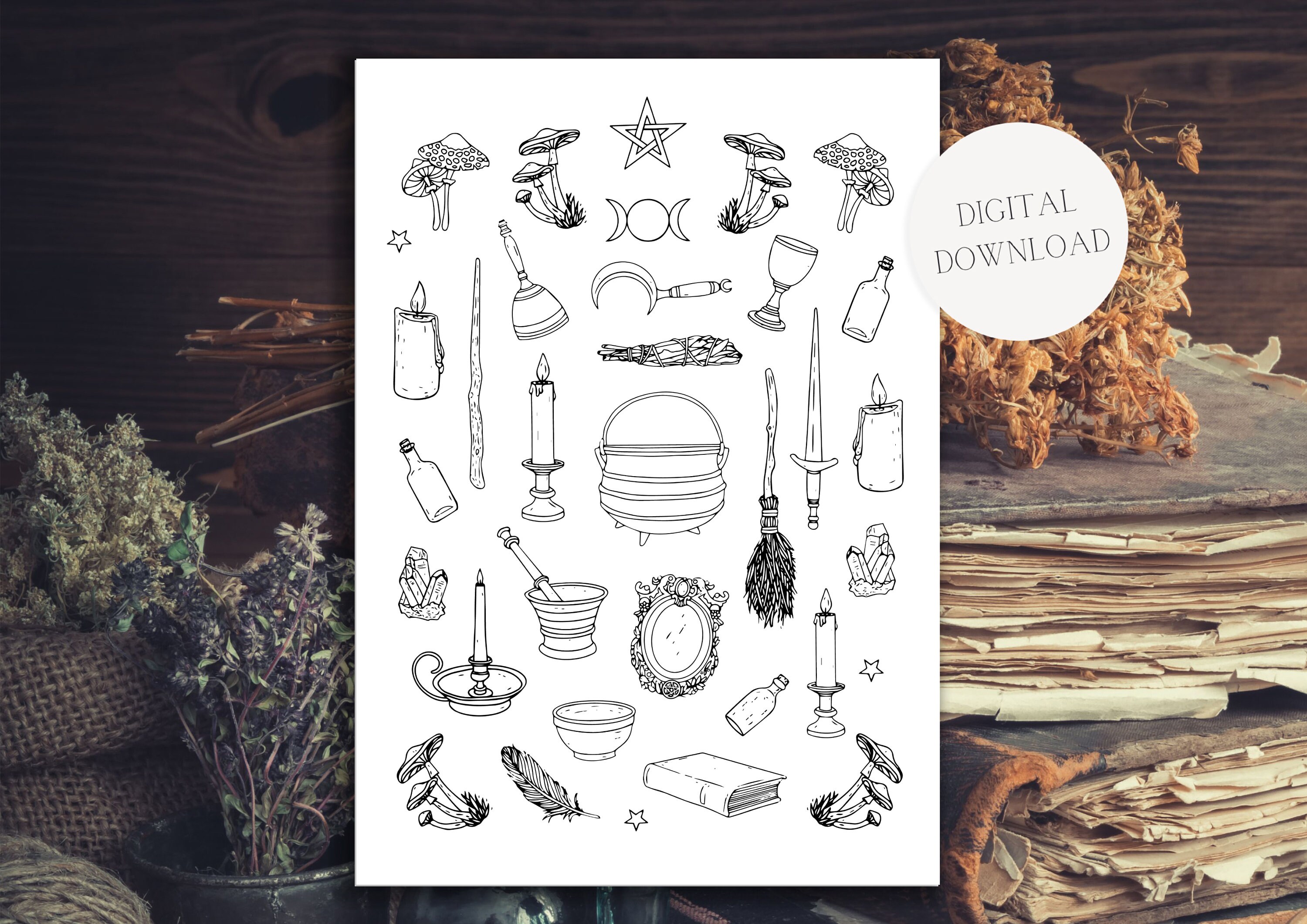 Witchy Wiccan Tools - Digital Download Colouring Page - Book of Shadows ...