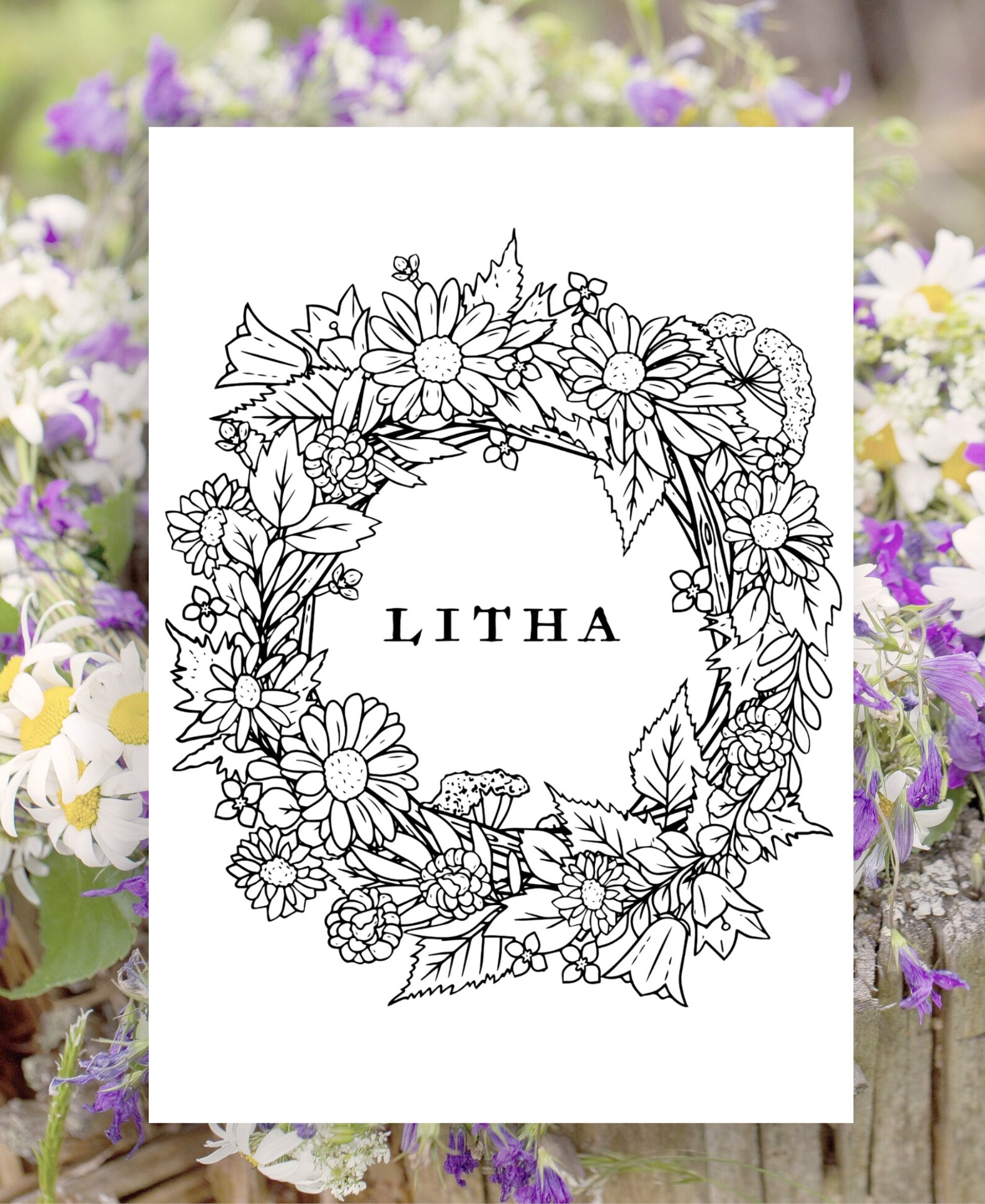Litha Wreath, Summer Solstice Colouring Page, Printable Midsummer ...