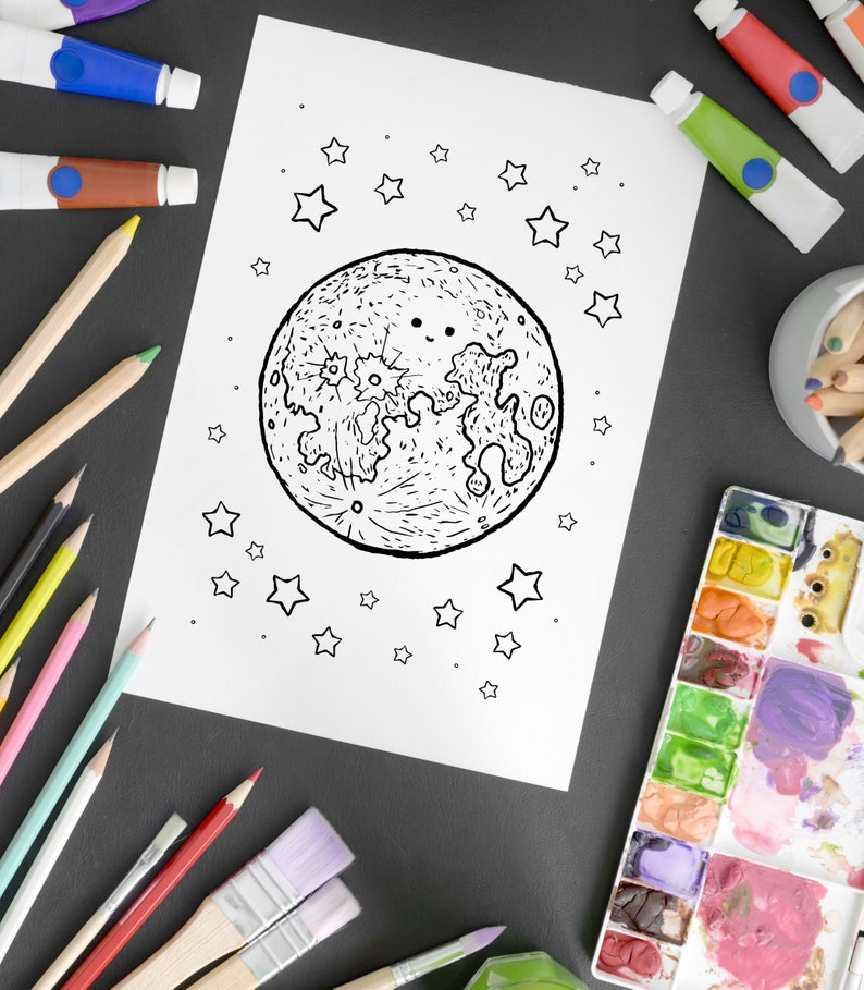 Full Moon and Stars Colouring Page, Digital File, Kids Printable Art ...