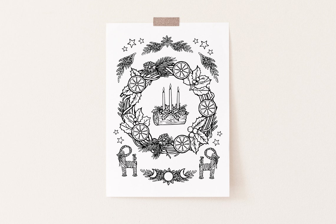 Yule Wreath - Wiccan / Pagan Sabbat Colouring Page - Grimoire Printable ...