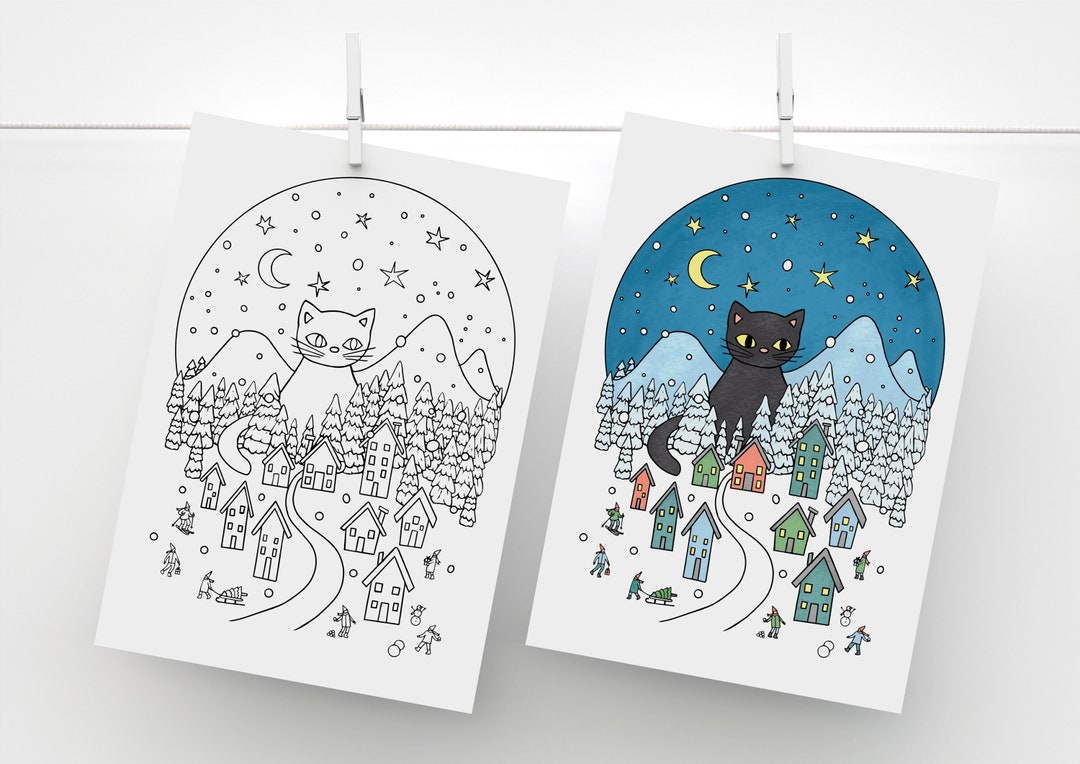 Cute Yule Cat Colouring Page & Art Print - Digital Download Artwork ...