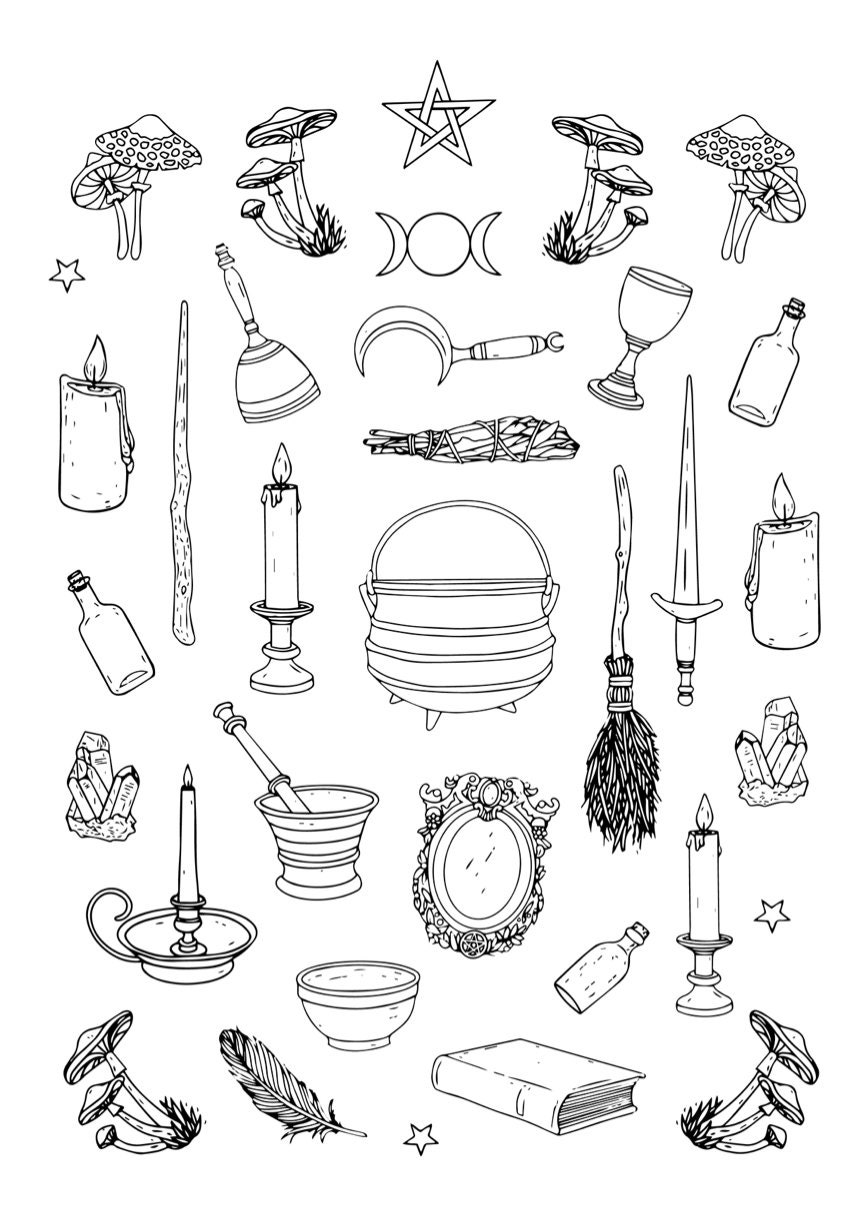 Witchy Wiccan Tools - Digital Download Colouring Page - Book of Shadows ...